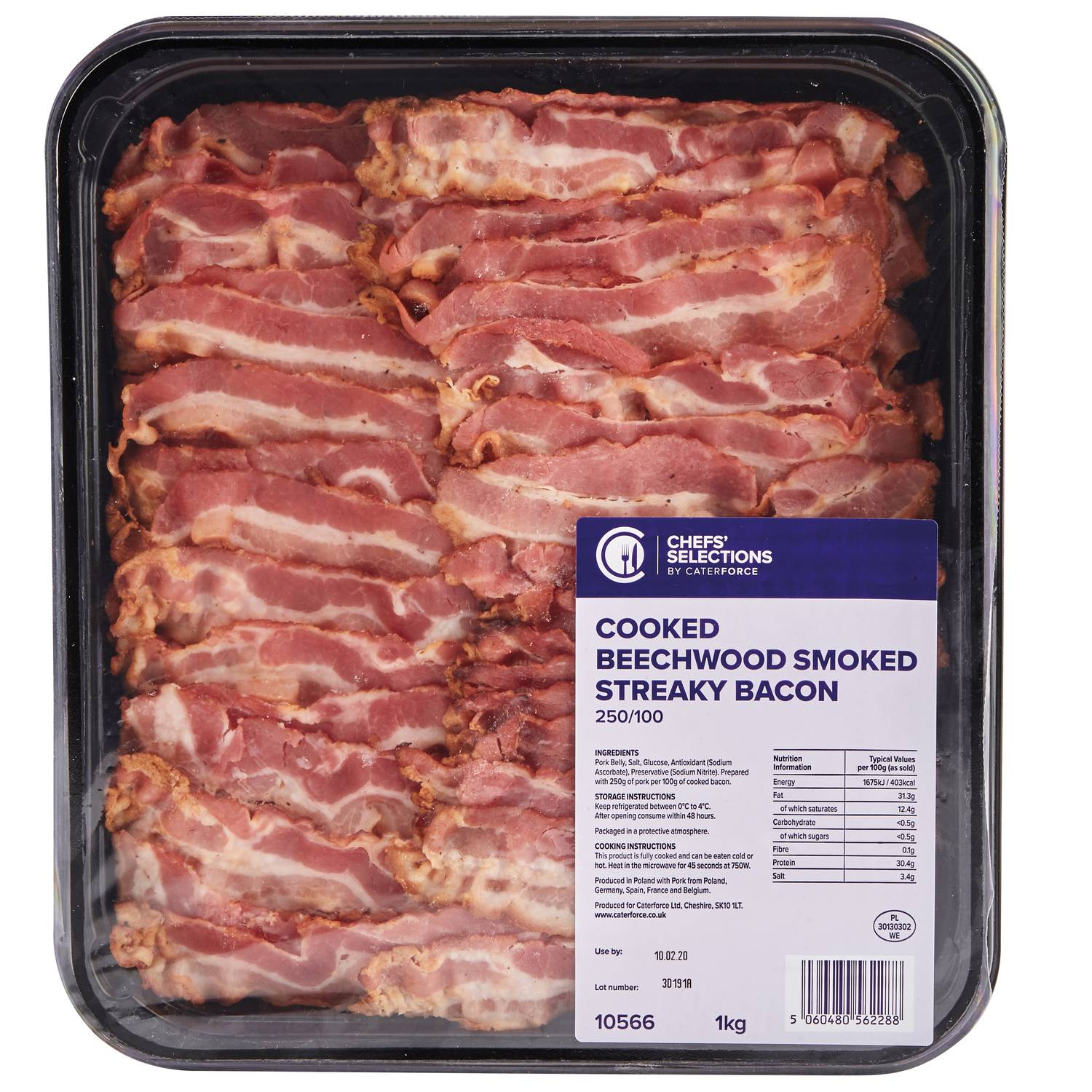 Chefs' Selections Cooked Beechwood Smoked 250/100 Streaky Bacon (8 x ...