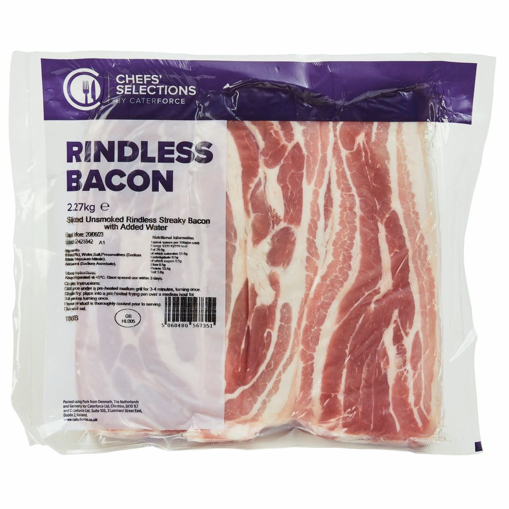 Chefs' Selections Unsmoked Rindless Streaky Bacon (4 x 2.27kg) - Caterforce